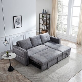 91*64" Rustic Sectional Sofa Couch with Pull Out Bed & Storage - Bed Bath & Beyond - 37990782